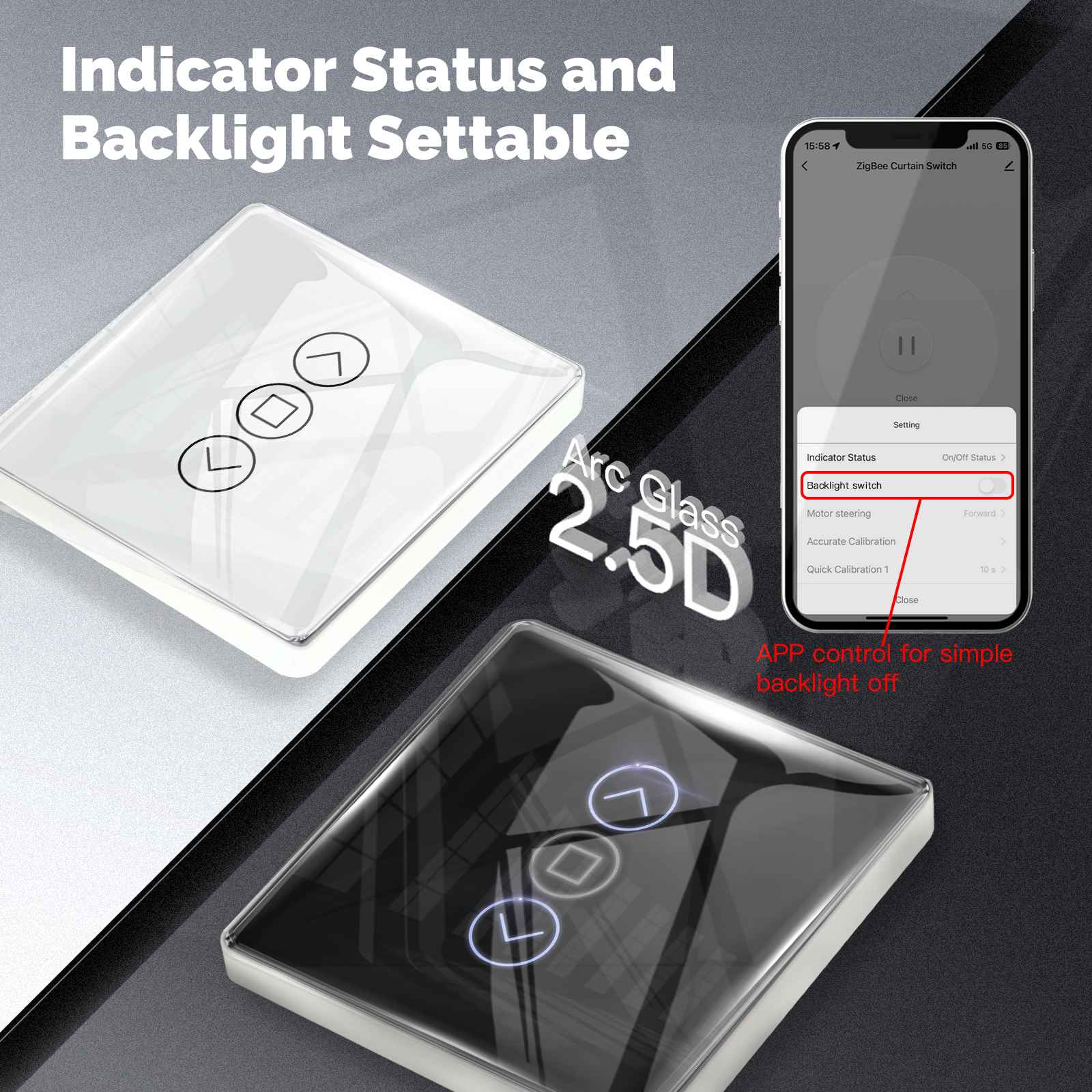 ZigBee Smart Curtain Switch 2.5D Support RF433 Arc Glass Touch Panel – MOES