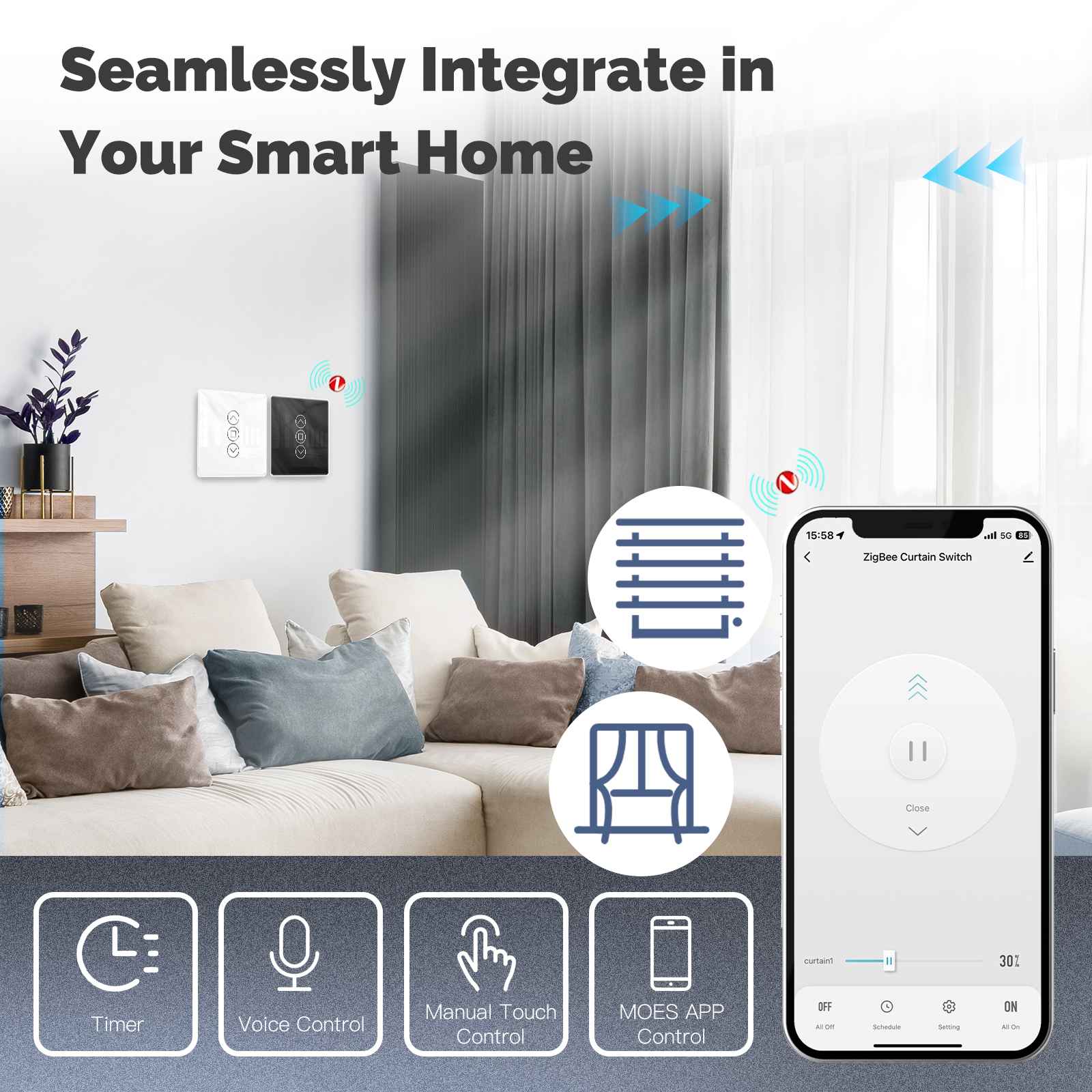 ZigBee Smart Curtain Switch 2.5D Support RF433 Arc Glass Touch Panel – MOES